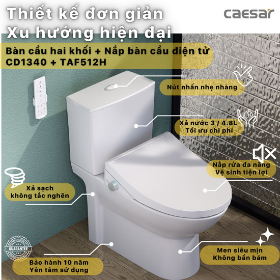 Bồn cầu Caesar CD1340+TAF512H nắp điện tử - Giá tốt